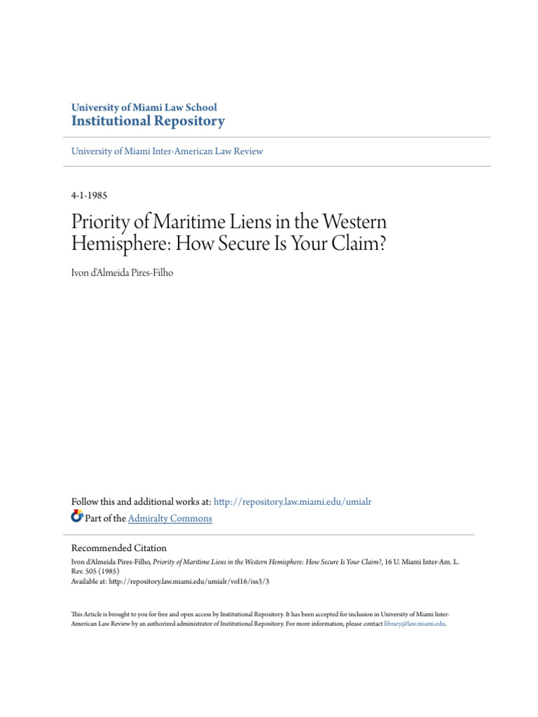 Priority of Maritime Liens in The Western Hemisphere - How Secure | PDF | Mortgage Law | In Rem ...