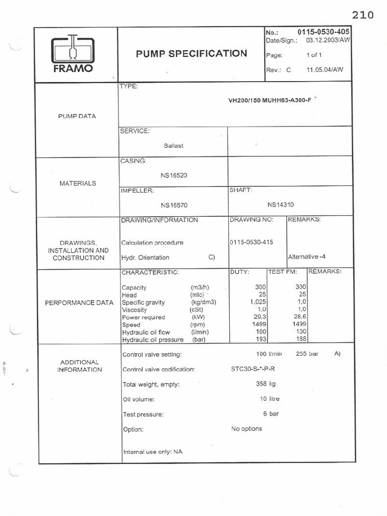 Framo - Ballast Pump Spec and Drawing (Not Completed) | PDF