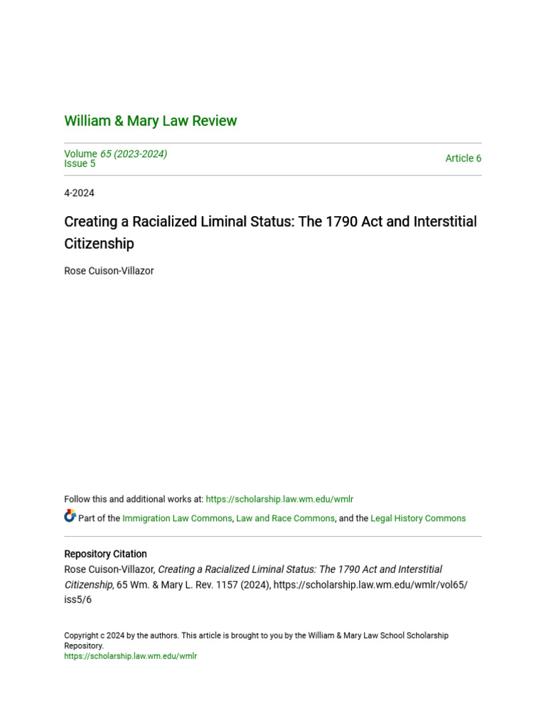 Creating A Racialized Liminal Status - The 1790 Act and Interstiti ...