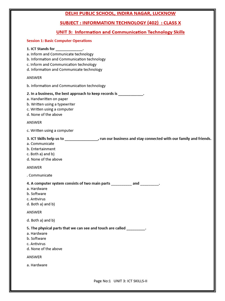 AUGUST - IT - CLASS - X - Information and Communication Technology Skills MCQ | PDF | Computer ...