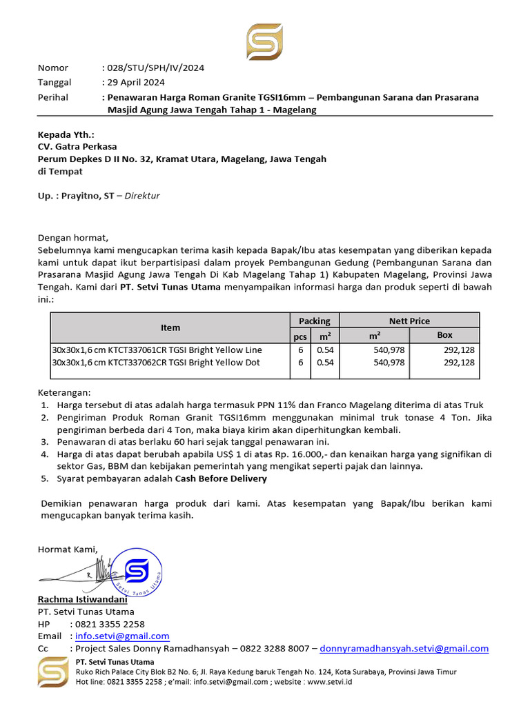 SPH 202404028 Surat Penawaran Roman Granit TGSI16mm - CV. Gatra Perkasa - Masjid Agung Jawa ...