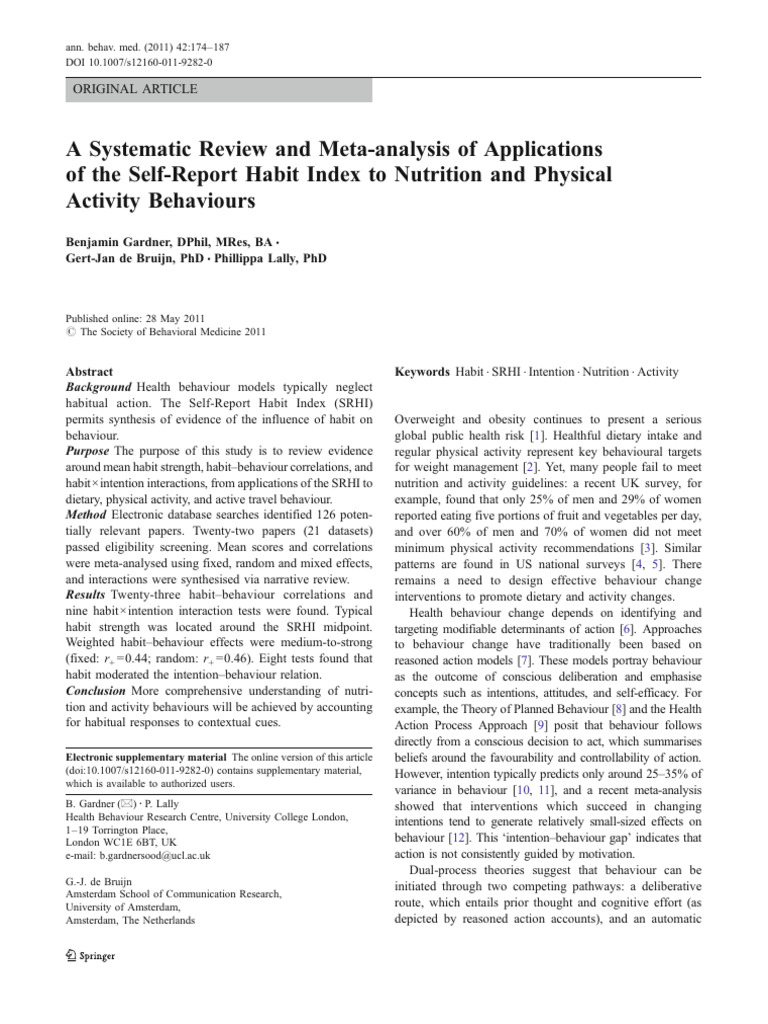 A systematic review and meta-analysis of applications of the self-report habit index | PDF ...