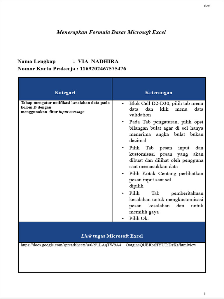 TPM 1 Menggunakan Formula Sederhana Excel - VIA NADIRAH | PDF