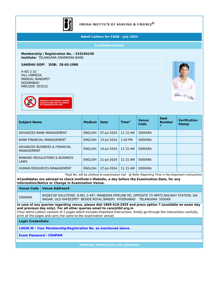 Admit Letters For CAIIB - July 2024 Candidate Details | PDF | Identity Document