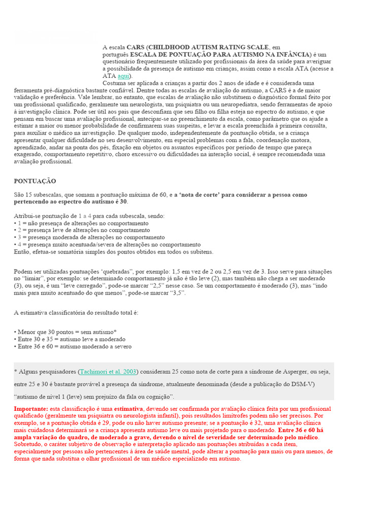 Escala CARS: Avaliação do Autismo Infantil | PDF | Espectro do autismo ...