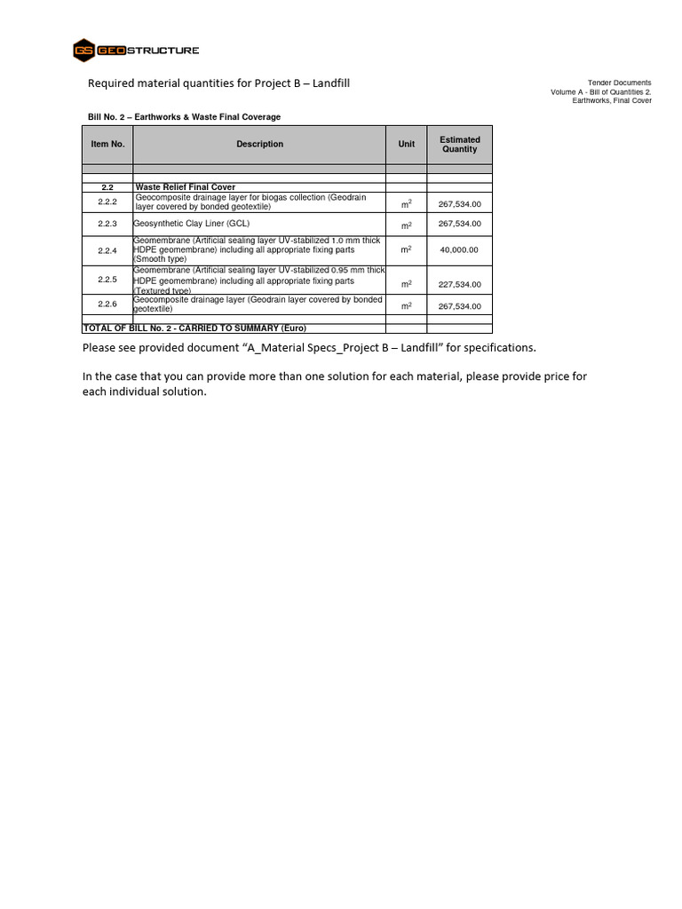 C - Material Quantities - Project B - Landfill | PDF