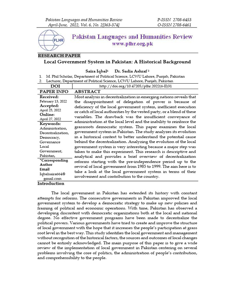 Historical Evolution of Local Government in Pakistan | PDF | Muhammad ...