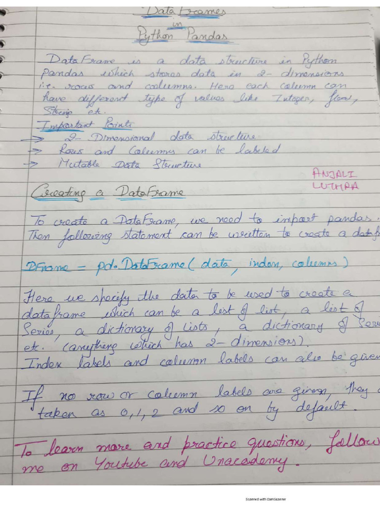 Dataframe - Notes 1 | PDF