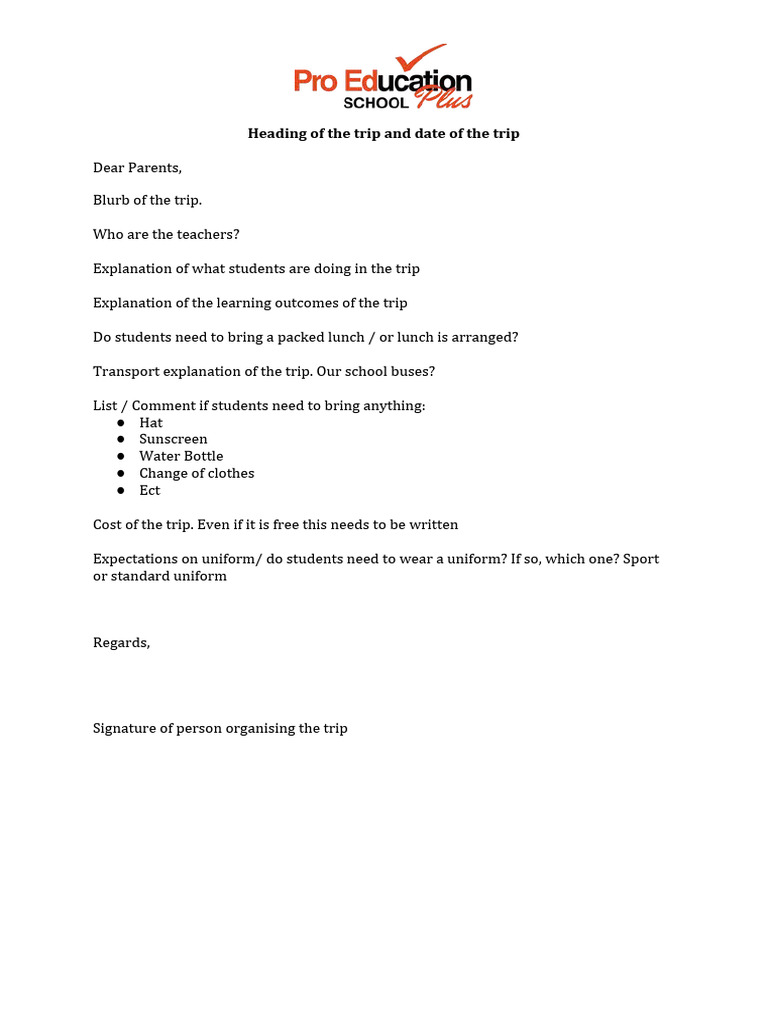 Excursion Letter Template (For Parents) | PDF