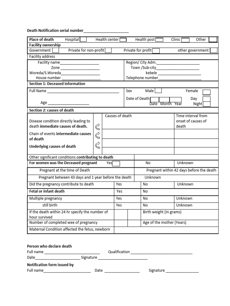 Death Notification Form For Facility | PDF | Pregnancy | Fetus