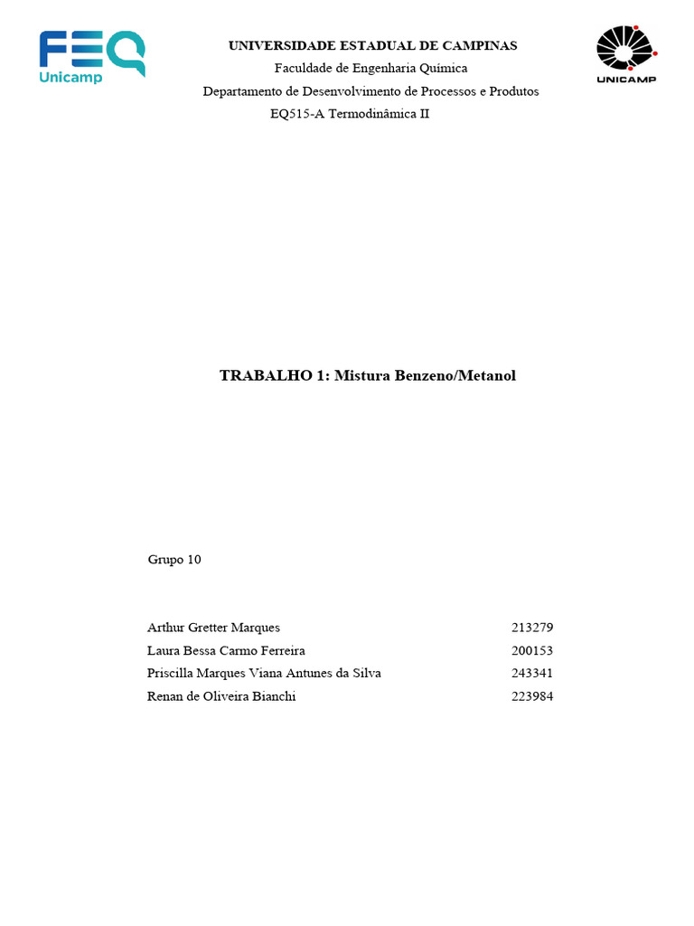 Trabalho1 Completo Vfinal | PDF | Diagrama de fase | Química