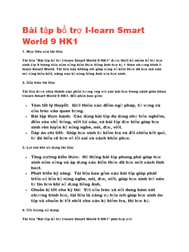 Bài Tập Bổ Trợ I-Learn Smart World 9 HK1 | PDF