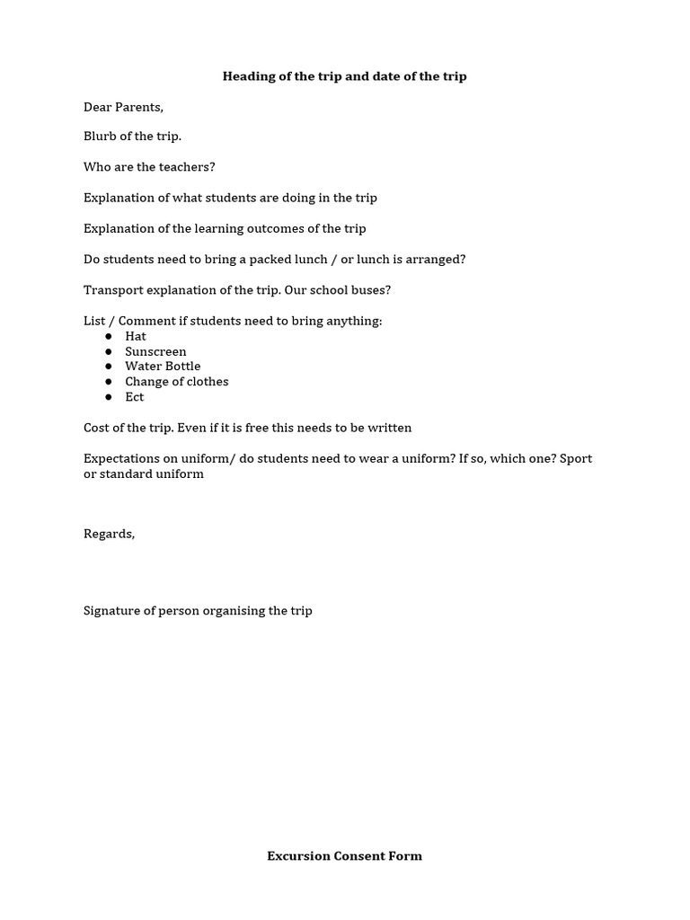 Excursion Letter Template (For Parents) - EXAMPLE | PDF