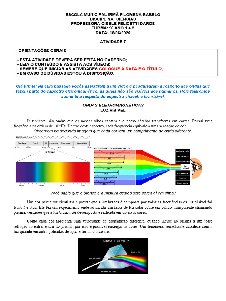 1816425_9_ANO___ATIVIDADE_7___LUZ_VISIVEL | PDF | Luz | Espectro eletromagnético