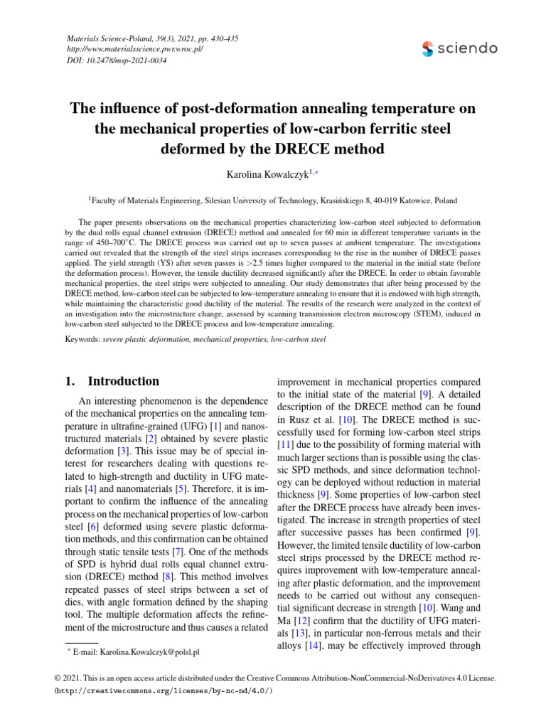 The Influence Of Post Deformation Annealing Temper Pdf Strength Of Materials Ductility