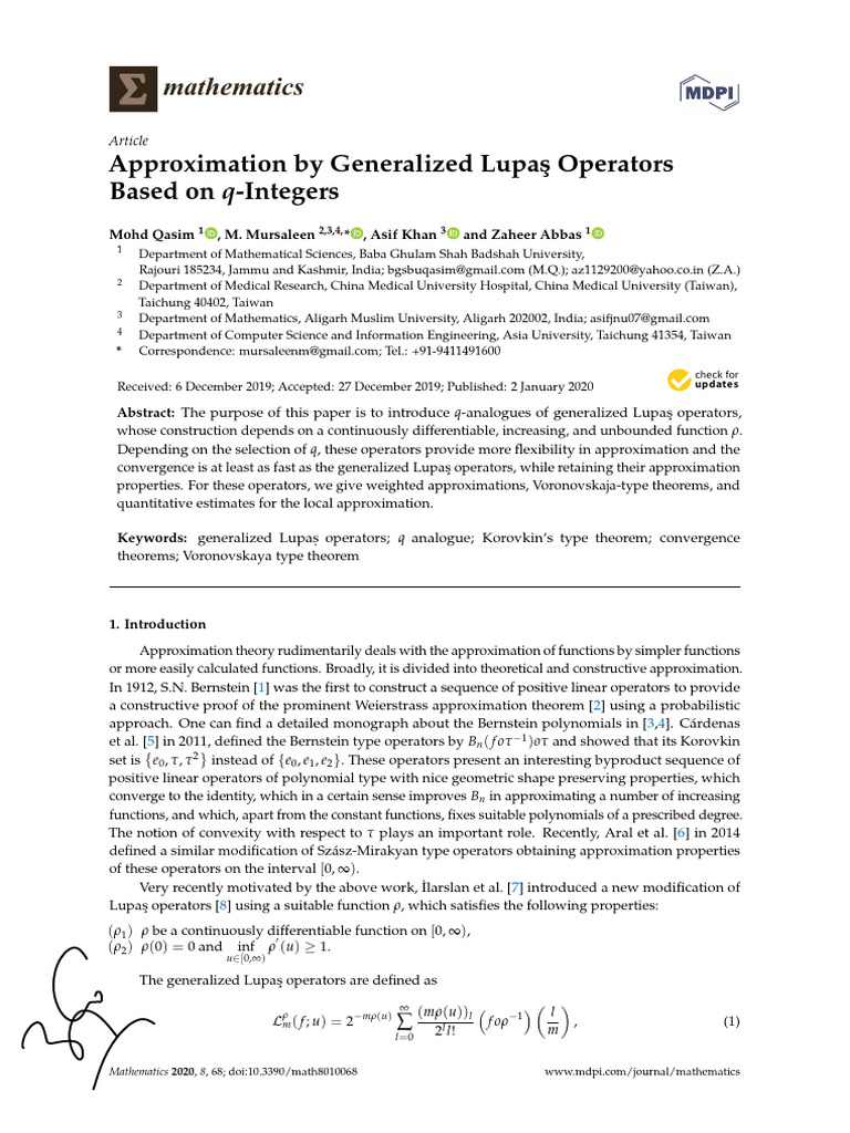 Approximation by Generalized Lupa S Operators Based On Q-Integers | PDF | Function (Mathematics ...