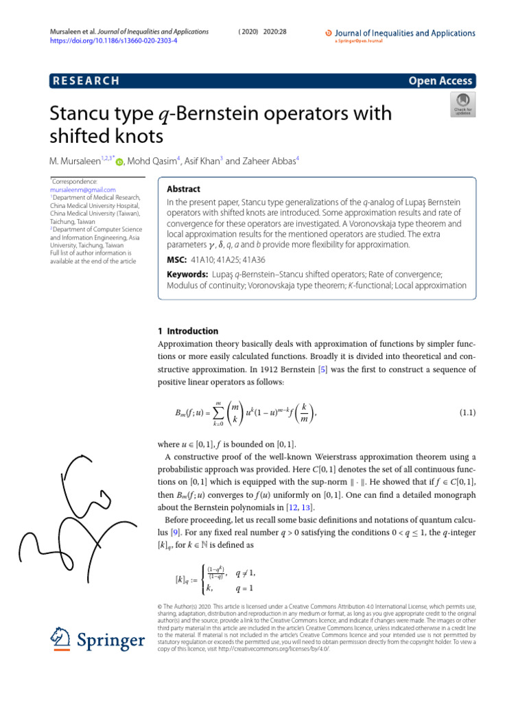 Stancu Type Q Bernstein Operators With Shifted Knots Pdf Limit