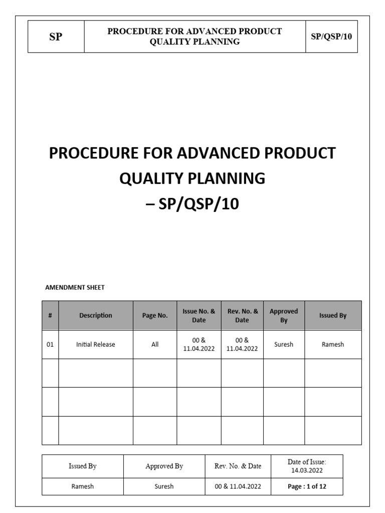 QSP-10 Procedure_for_advanced_Product_Quality_Planning | PDF | Specification (Technical Standard ...