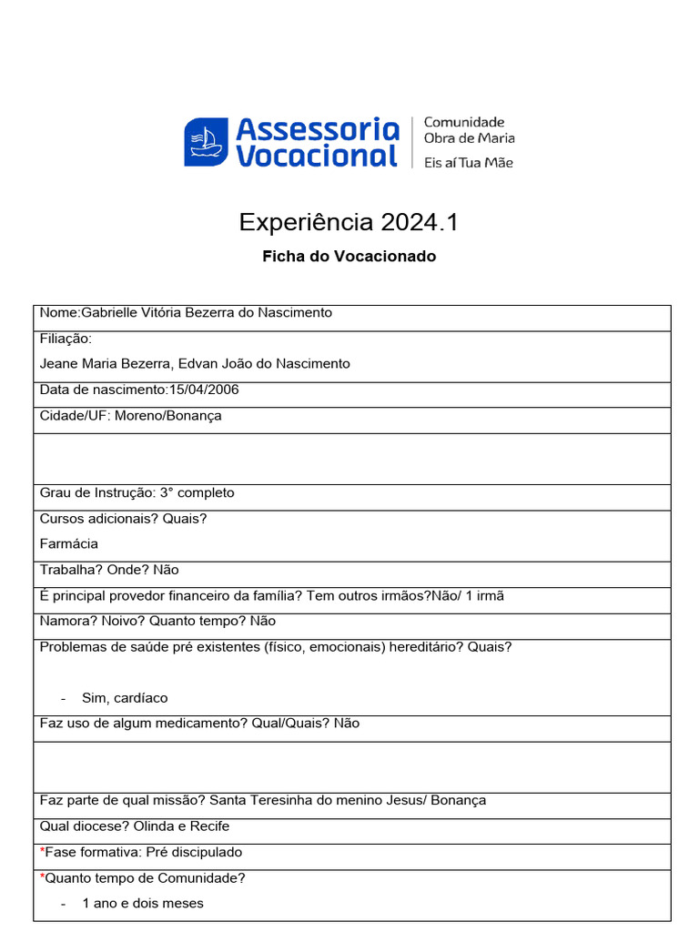 Ficha Vocacional de Gabrielle | PDF