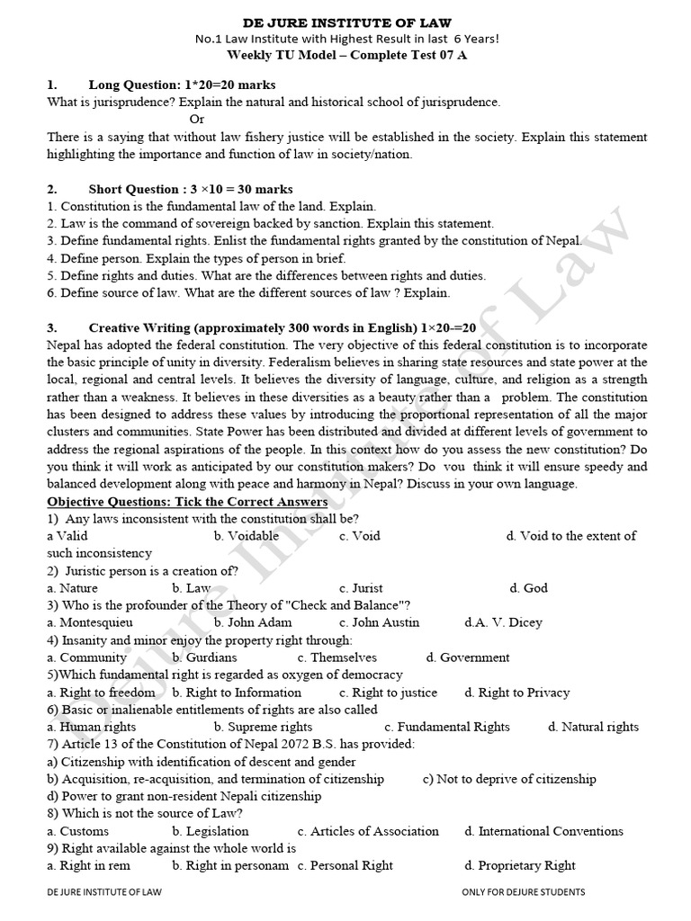 TU Model Test for Law Students | PDF | Constitution | Jurisprudence