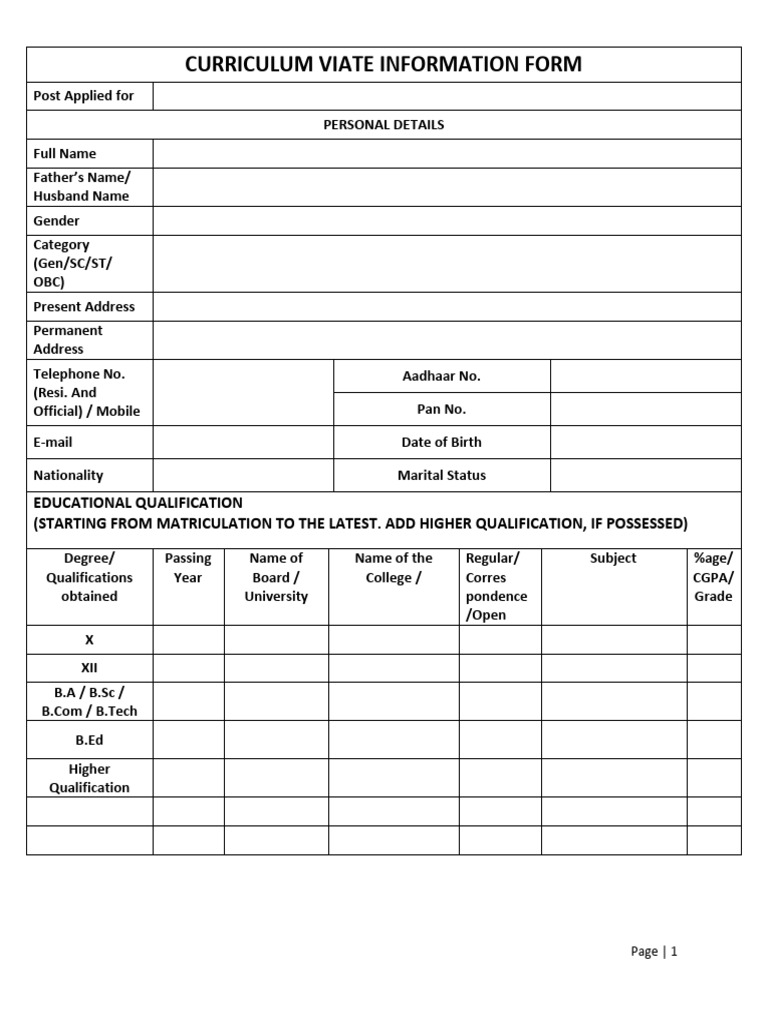 Curriculum Viate Information Form | PDF