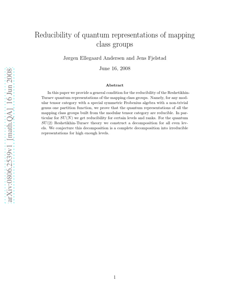 Jørgen Ellegaard Andersen and Jens Fjelstad - Reducibility of Quantum Representations of Mapping ...