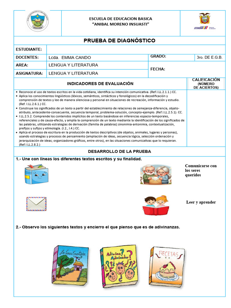 Prueba Diagnóstica Lengua 3ro EGB | PDF | Comunicación humana | Lingüística