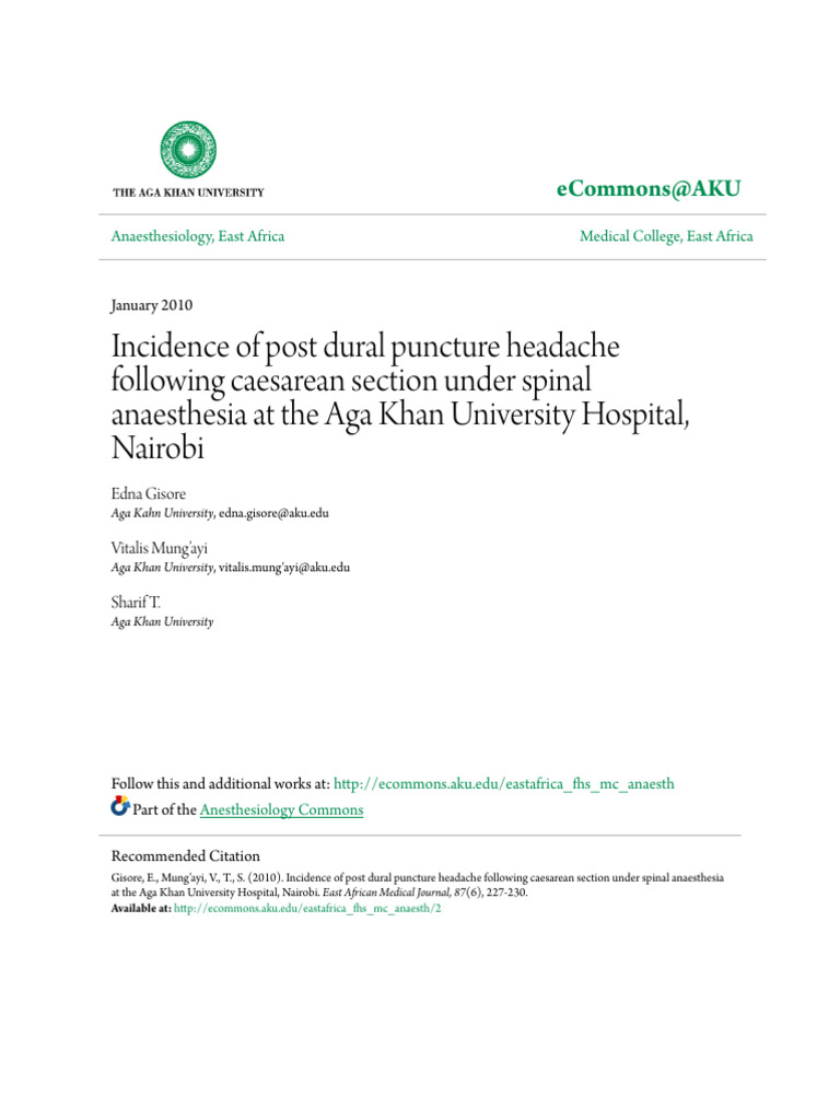 Incidence of Post Dural Puncture Headache Following Caesarean Sec | PDF ...