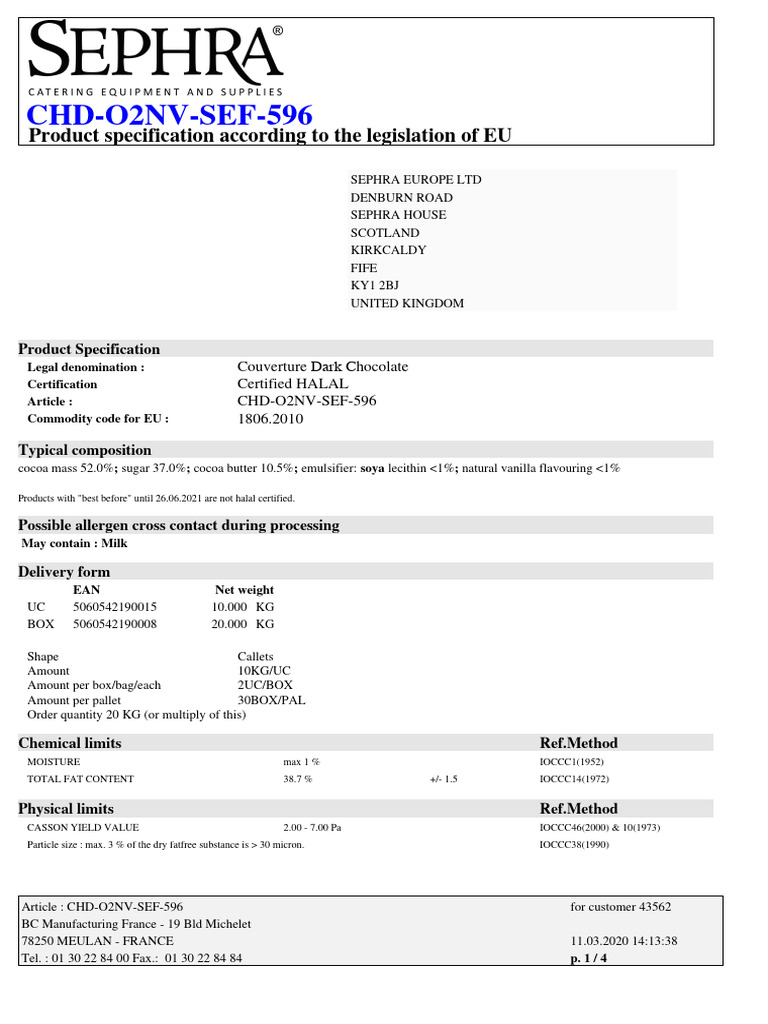 Sephra-Chocolate-Dark-Specifications Vegan | PDF | Fatty Acid | Vitamin E