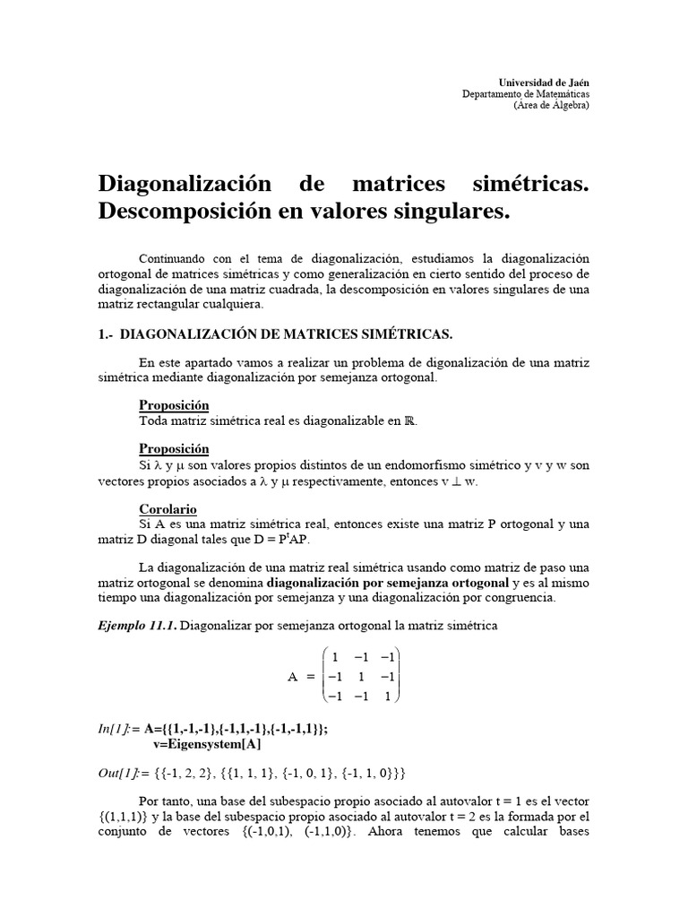 diagonalizacion_ortogonal y descomposicion_valores_singulares | PDF | Valores propios y vectores ...