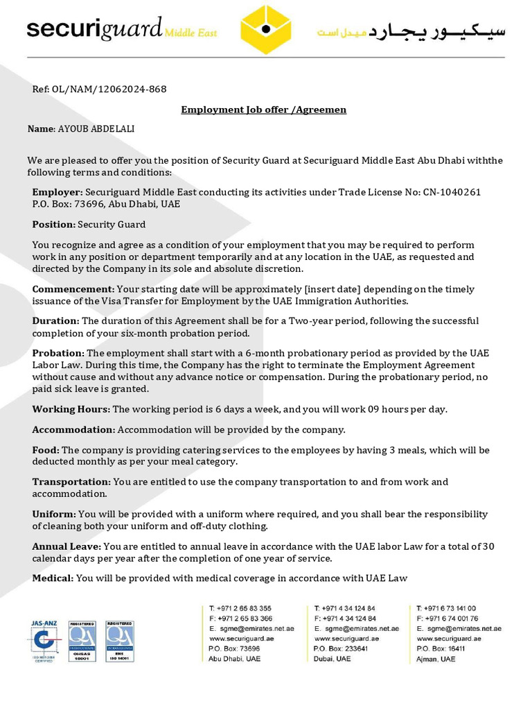 AYOUB ABDELALI Offer Letter | PDF | Employment | United Arab Emirates