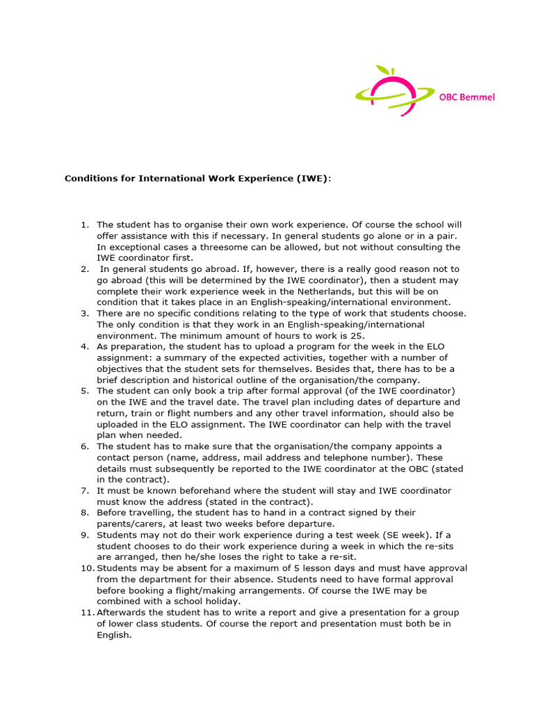 General Conditions International Work Experience | PDF