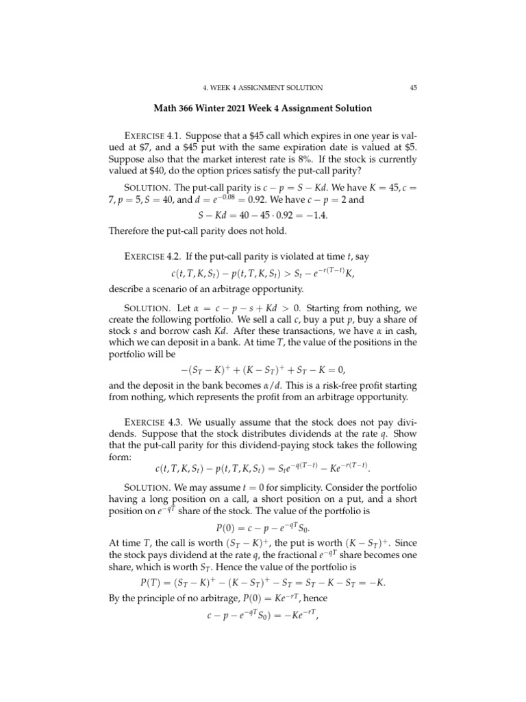 Math 366 Winter 2021 Week 4 Assignment Solution | PDF | Option (Finance) | Derivative (Finance)