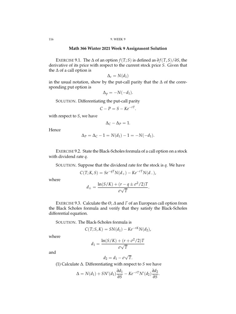 Math 366 Winter 2021 Week 9 Assignment Solution | PDF | Black–Scholes Model | Option (Finance)