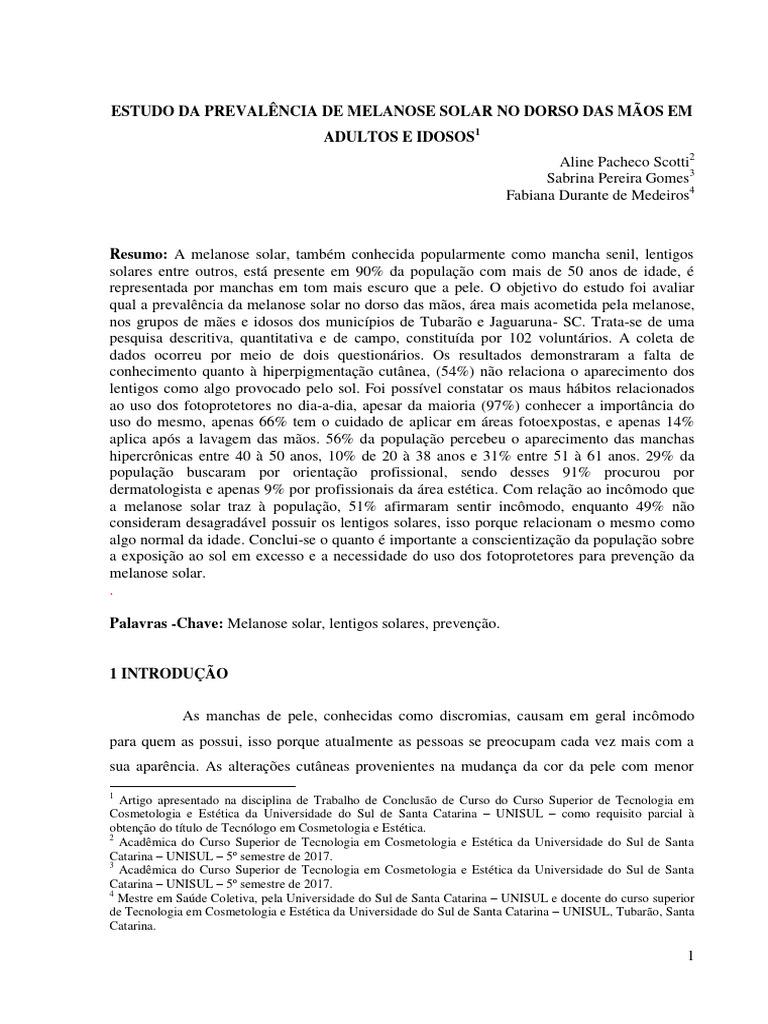Prevalência de Melanose Solar nas Mãos | PDF | Protetor solar | Epiderme