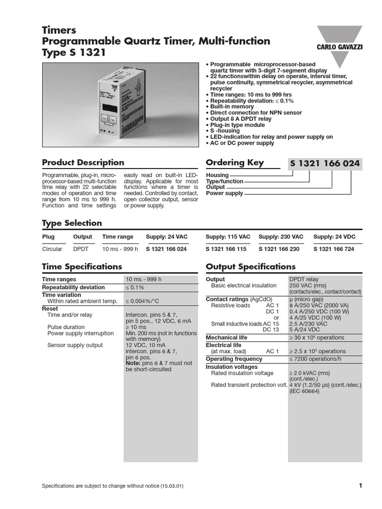 Timers Programmable Quartz Timer, Multi-Function Type S 1321 | PDF ...