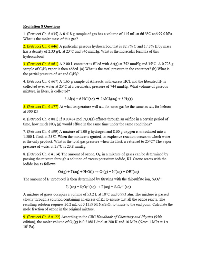 Recitation 8 Questions | PDF | Gases | Water