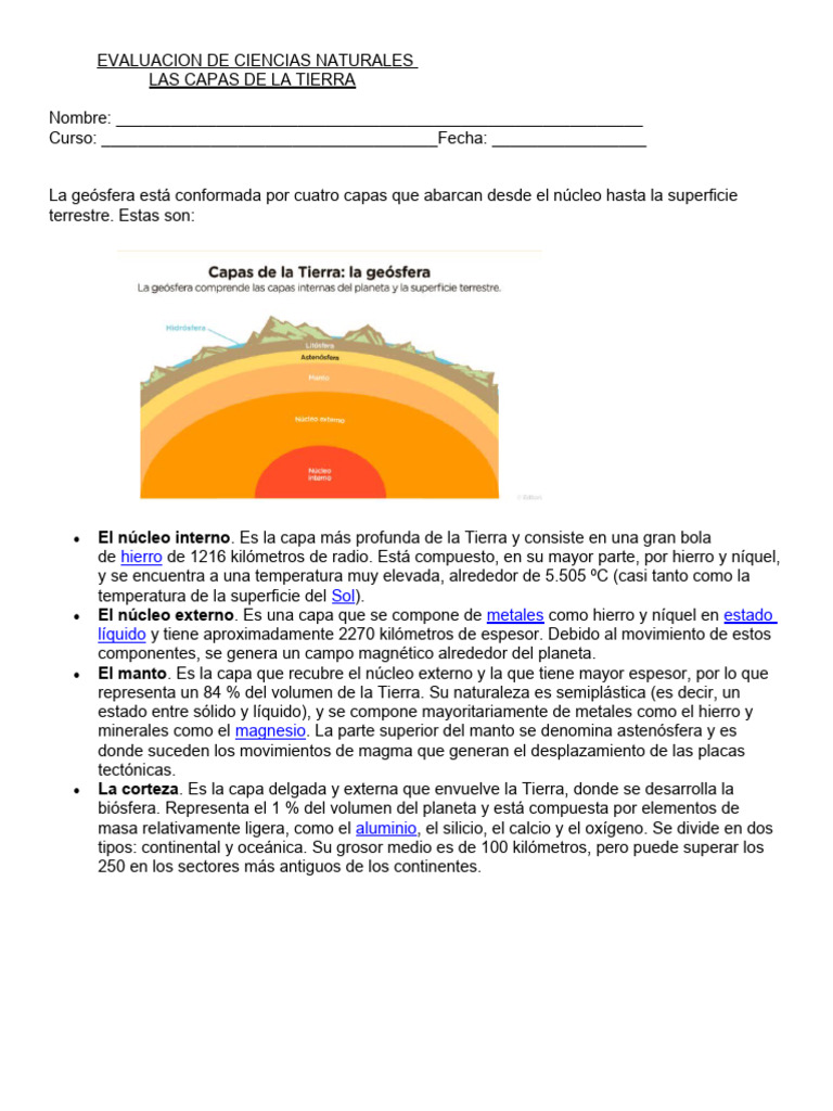 Evaluacion de Ciencias Naturales Las Capas de La Tierra | PDF | Tierra | Corteza (Geología)