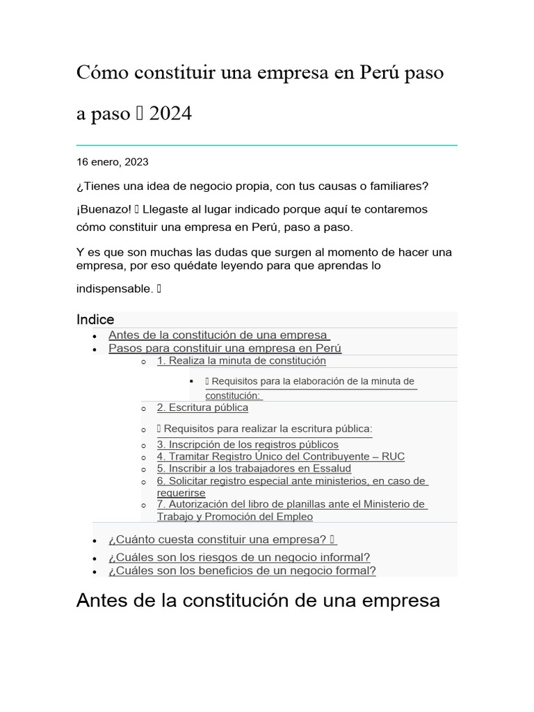 Cómo Constituir Una Empresa en Perú Paso A Paso | PDF | Iniciativa empresarial | Documento de ...