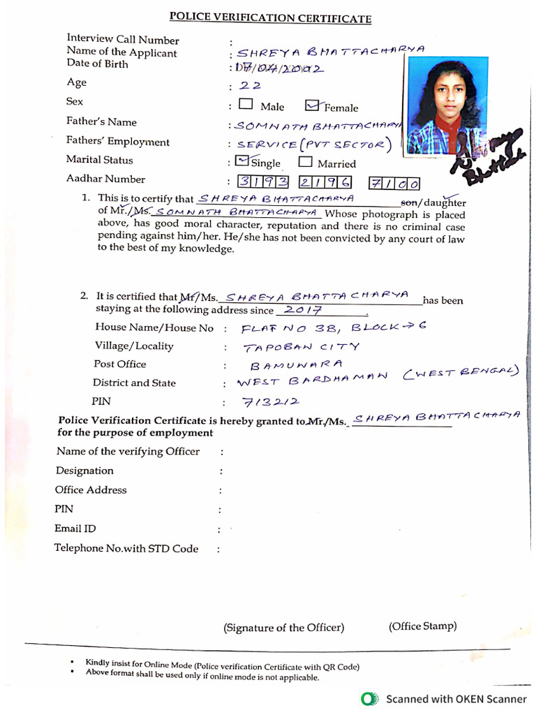 Kanksa Police Verification Report Shreya | PDF