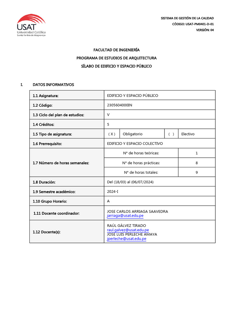 Silabo 2024-I Edificio y Espacio Público A | PDF | Evaluación | Moodle