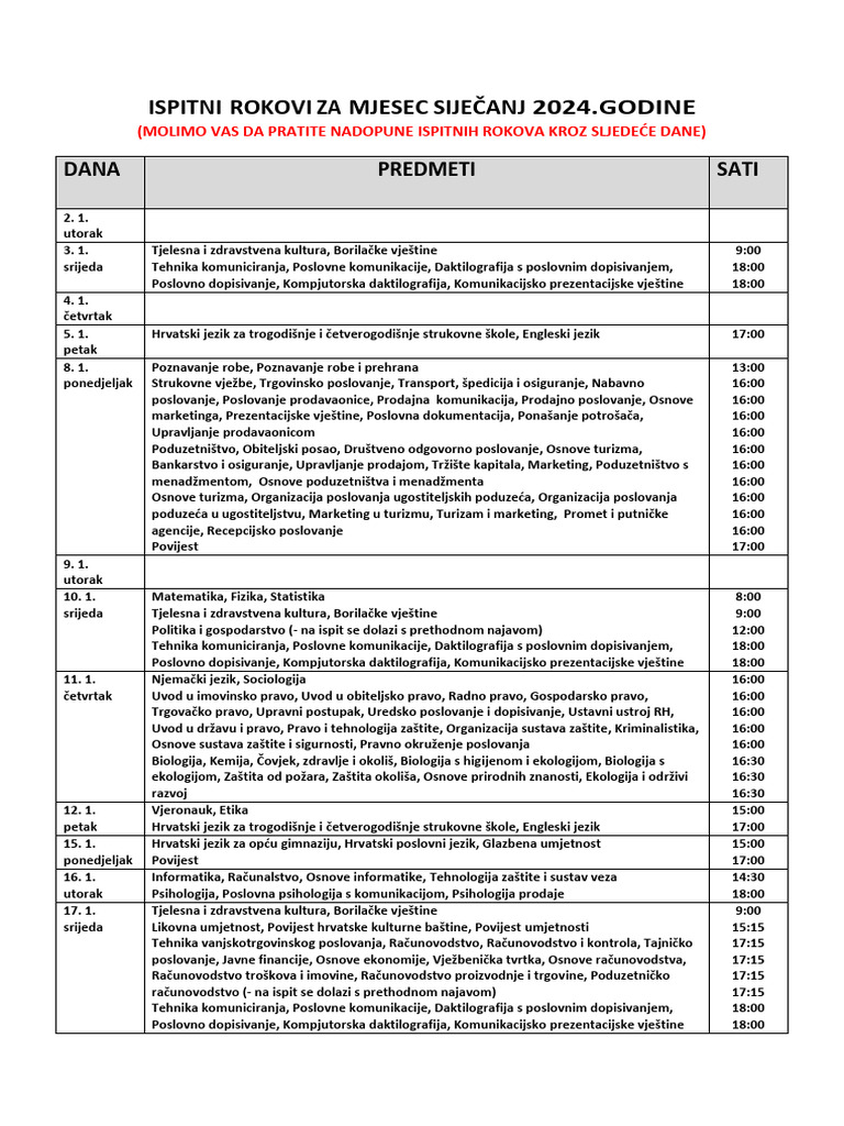 Ispitni Rokovi - Sijecanj 2024 | PDF