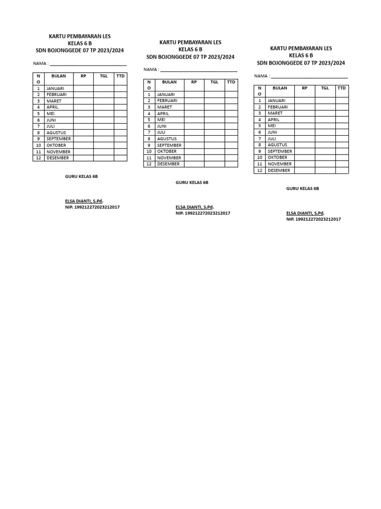Kartu Pembayaran Les Kelas 6B | PDF