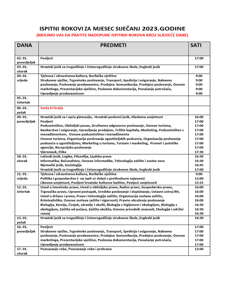 ISPITNI ROKOVI ZA MJESEC SIJECANJ 2023 | PDF