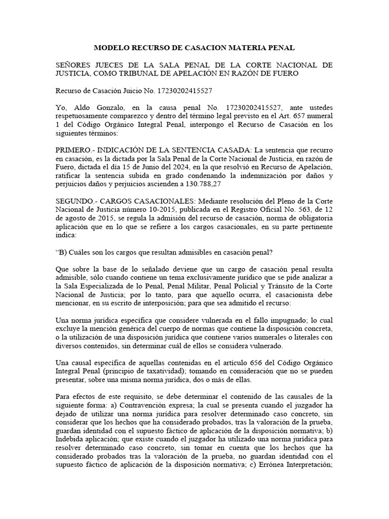 Modelo Recurso de Casacion Materia Penal | PDF | Caso de ley | Debido al proceso