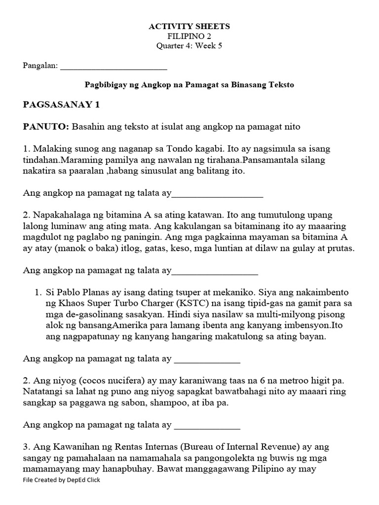 FILIPINO 2 Activity Sheet Q4 W5 | PDF