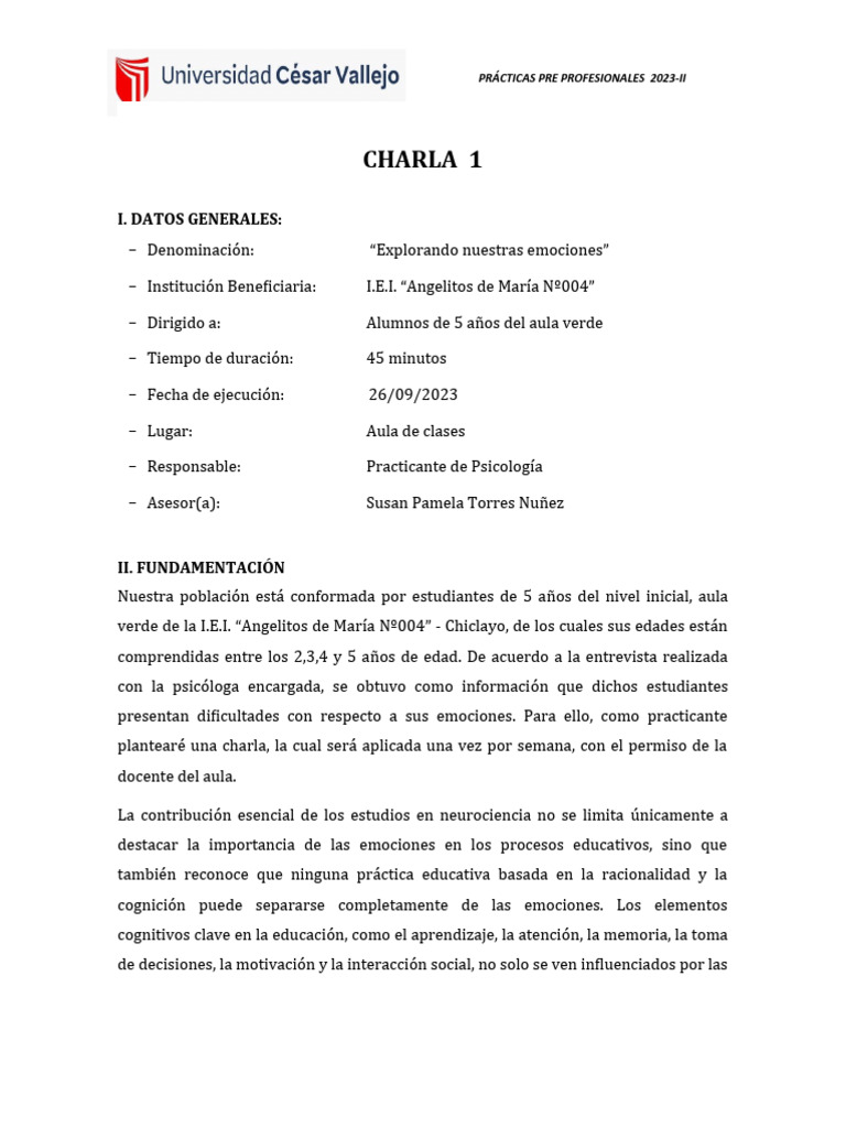 Esquema de Charla 1 | PDF | Las emociones | Salón de clases