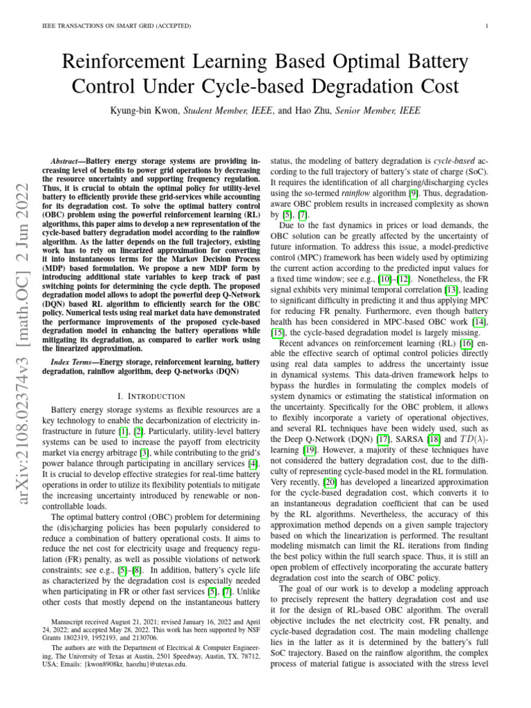 2 Reinforcement Learning Based Optimal Battery Control Under Cycle-Based Degredation Cost | PDF ...
