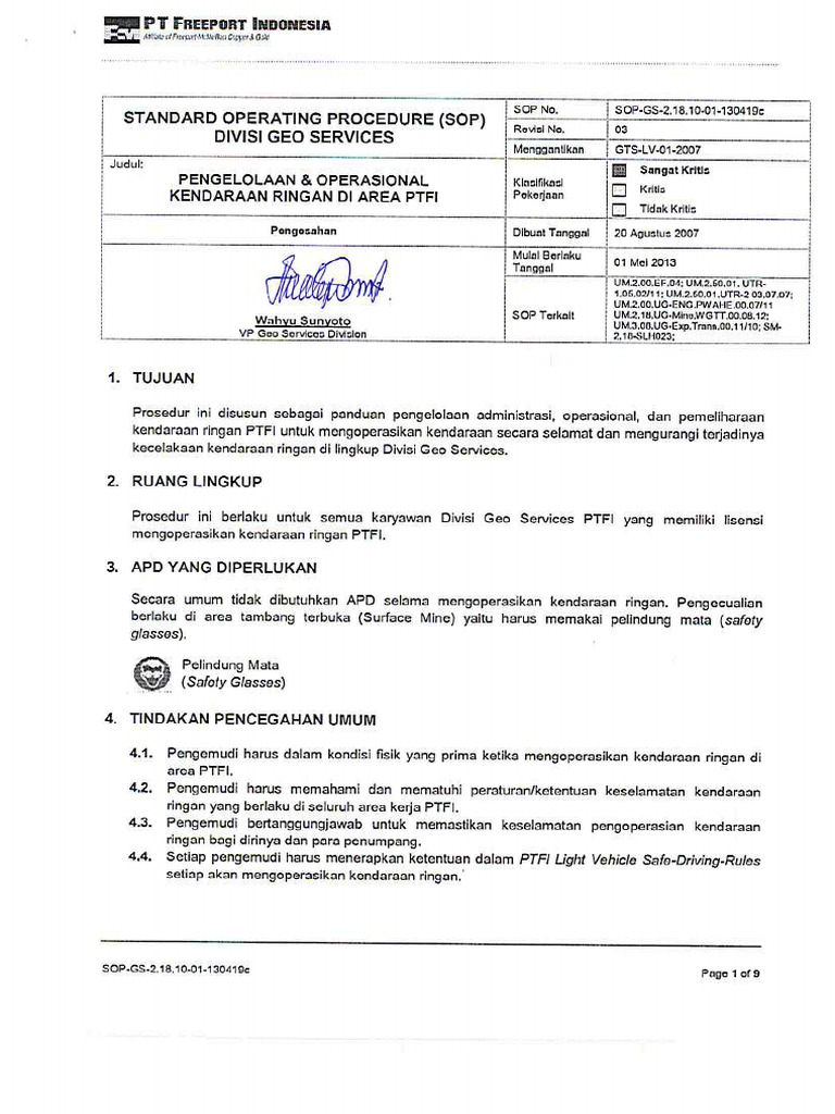 SOP Divisi Geo Services - Pengelolaan & Operasional Kendaraan Ringan Di Area PTFI | PDF