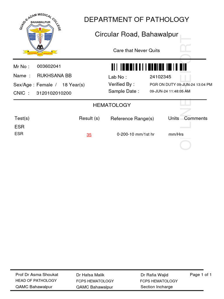 Esr (Erythrocyte Sedimentation Rate) - 09-Jun-24 | PDF